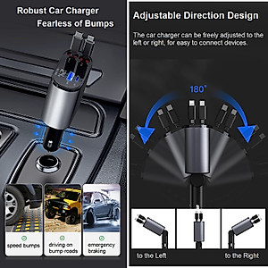 Retractable Car Charger Fast Charging - 66W 4-in-1 USB C Car Phone Charger Cigarette Lighter Adapter Car Charger Compatible with iPhone 15 14 13 12 Pro Max iPad Android Pixel Huawei Tablet