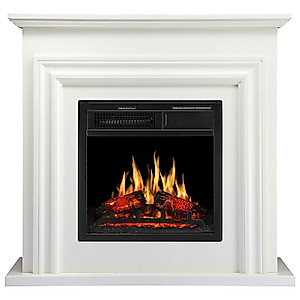 Joy Pebble 36'' Wood Electric Fireplace Mantel Package Freestanding Heater Corner Firebox with Log Hearth and Remote Control,750-1500W (Ivory White)