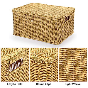 Hipiw Resin Woven Baskets Bin with Lid & Handle - Set of 3 Rectangular Shelf Baskets Multipurpose Storage Basket Boxes Home Decorative Container for Closet Shelf Organizing, Large Size