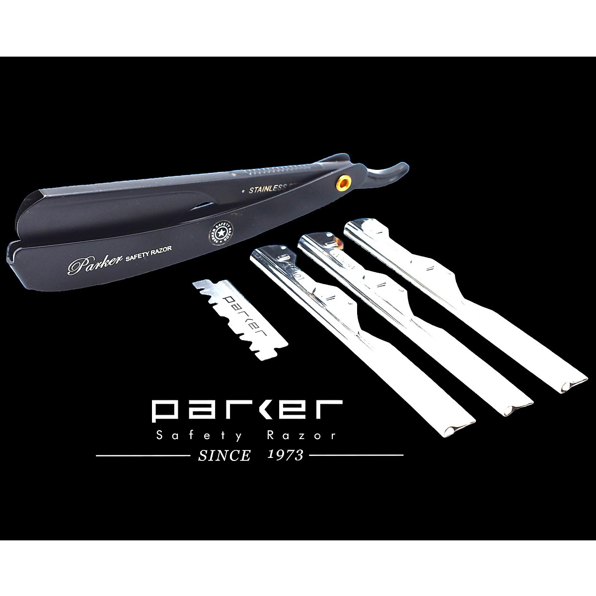 Parker ADJUSTABLE Stainless Steel Black Handle Straight Barber Razor - Customize your Shave with 3 Different Blade Inserts - 5 Parker Razor Blades Included