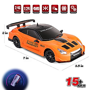 YUAN PLAN Remote Control Car, 1/24 2.4GHz 4WD RC Drift Car High Speed RC Cars with Cool Lights, Rechargeable Battery and Extra Tires Birthday Gifts for Kids (Grey)