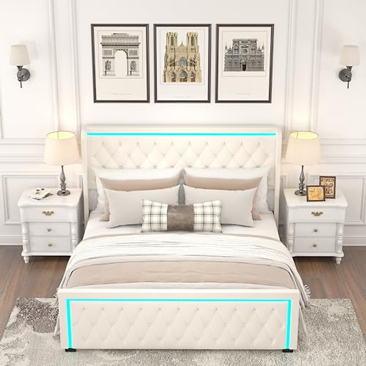 DNYN Upholstered Velvet Queen Size Platform Bed with High Headboard & LED Light Design,Solid Wood Bedframe w/Deep Tufted Buttons & Wide Wingbacks,Perfect for Bedroom,Guest Room, Beige