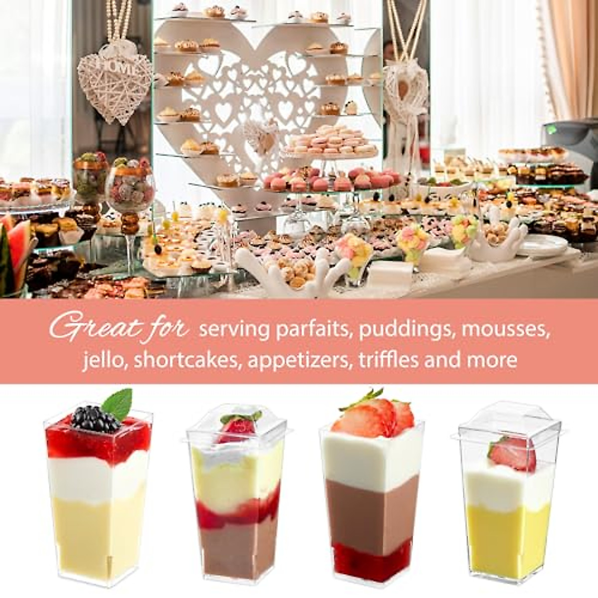 Zezzxu 3 oz Mini Plastic Dessert Cups with Lids and Spoons, 50 Pack Square Dessert Shot Glasses Shooter Cups for Appetizers Parfaits Mousse Trifle Fruit Pudding