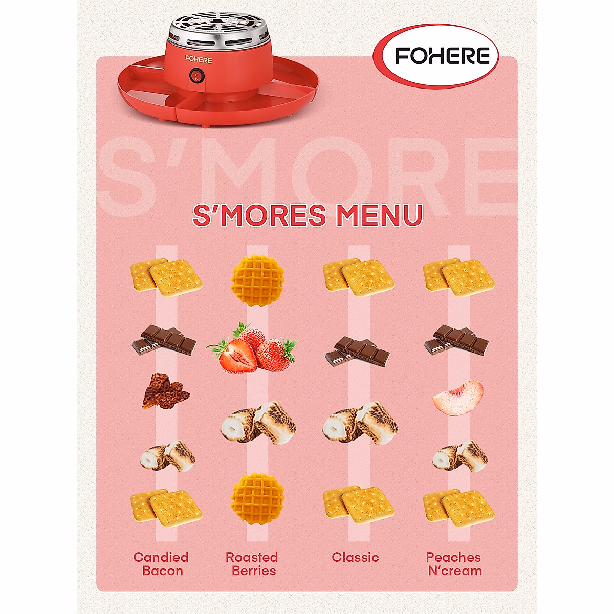 FOHERE Smores Maker Tabletop Indoor, Flameless Electric Marshmallow Roaster with 4 Detachable Trays & 4 Roasting Forks, Movie Night Supplies & Housewarming Gift, Red