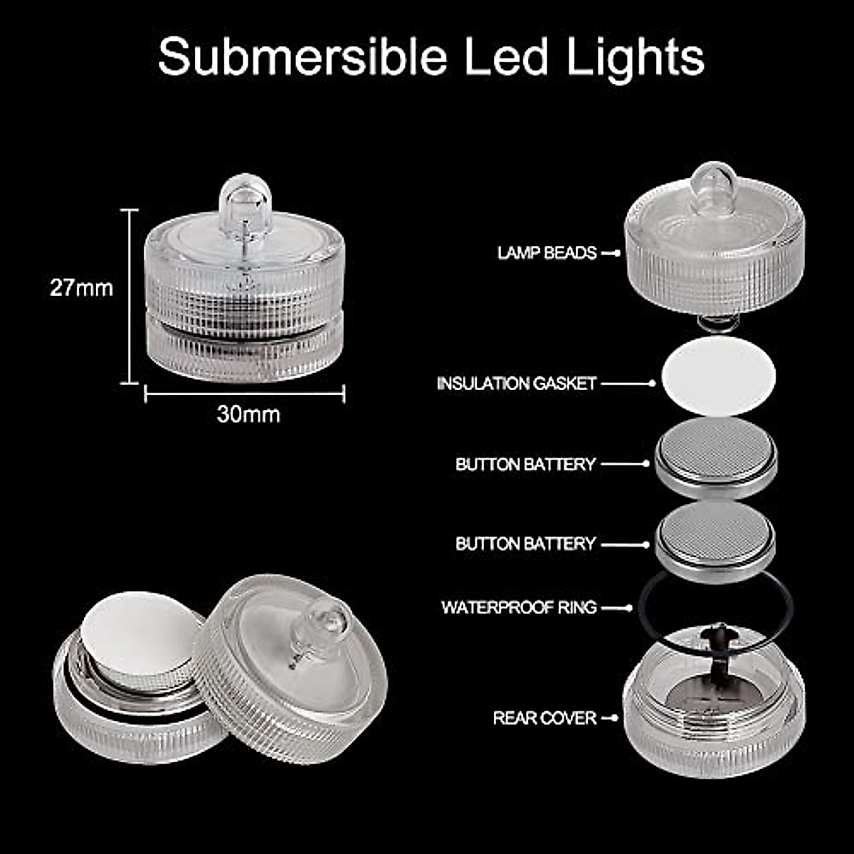 idyl light Submersible LED Lights, White Waterproof Flameless Candle Tea Lights, Underwater Mini Pool Lights Battery Operated Tealights for Wedding Home Vase Festival Party Decoration, 24 pcs