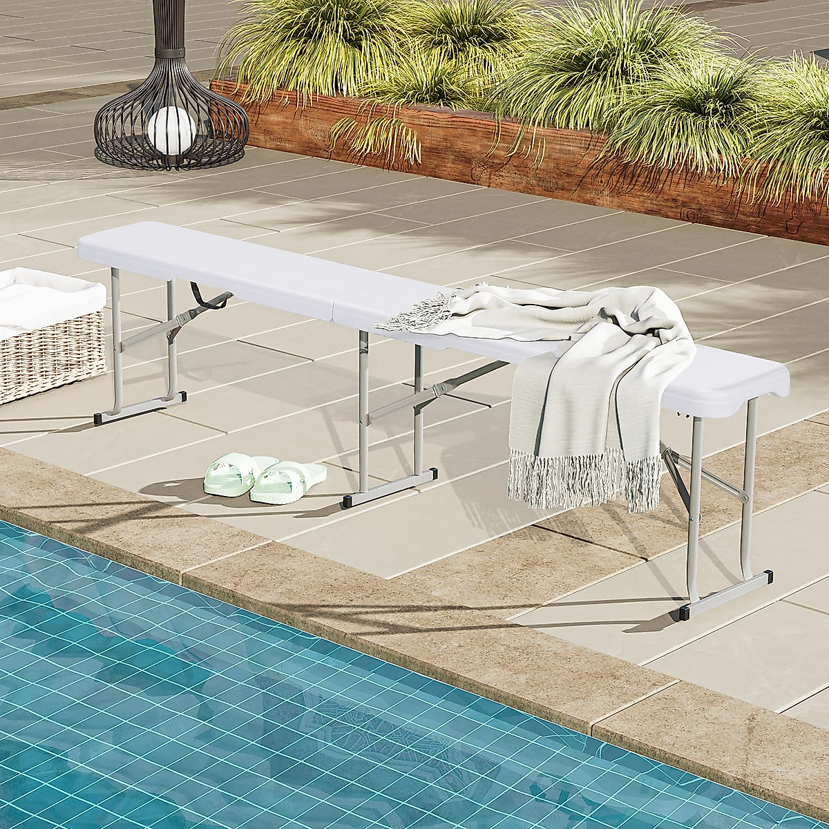 Tangkula 6 FT Plastic Folding Bench, Foldable Bench Seat with Carry Handle, Non-Slip Mat, Indoor & Outdoor HDPE Portable Outdoor Bench for Soccer Sports Picnic Camping, White