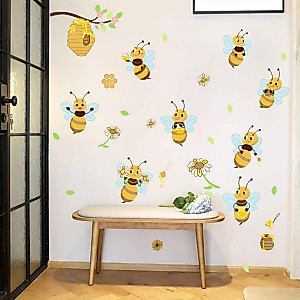 ufengke Wall Stickers Yellow Bee Wall Sticker Flowers Beehive Branch for Children's Room Living Room