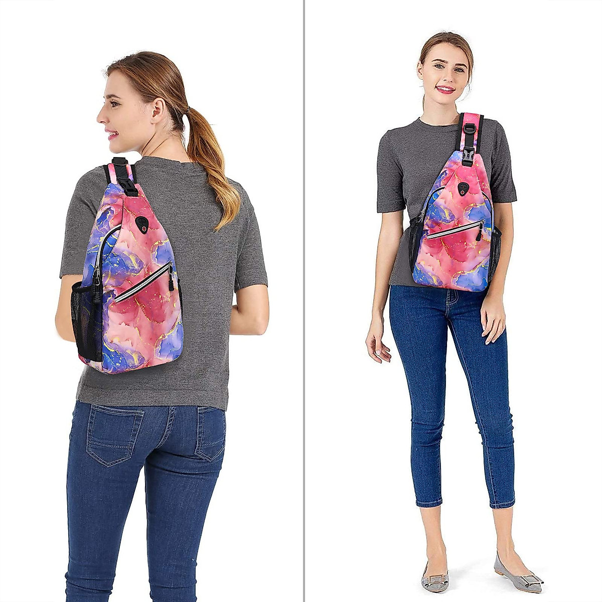 MOSISO Sling Backpack, Multipurpose Travel Hiking Daypack Rope Crossbody Shoulder Bag, Pink Blue Gold Marble