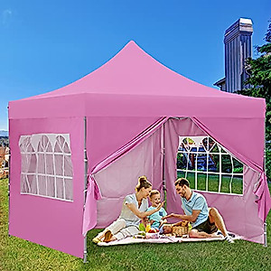 GDY 10x10 Ft Outdoor Pop Up Canopy Tent, Commercial Portable Instant Folding Shelter Gazebos, Pink Waterproof Canopies with Wheeled Carrying Bag