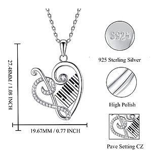 ACJNA 925 Sterling Silver Heart Pendant Piano Keyboard Necklace Music Jewelry for Women(With music note)