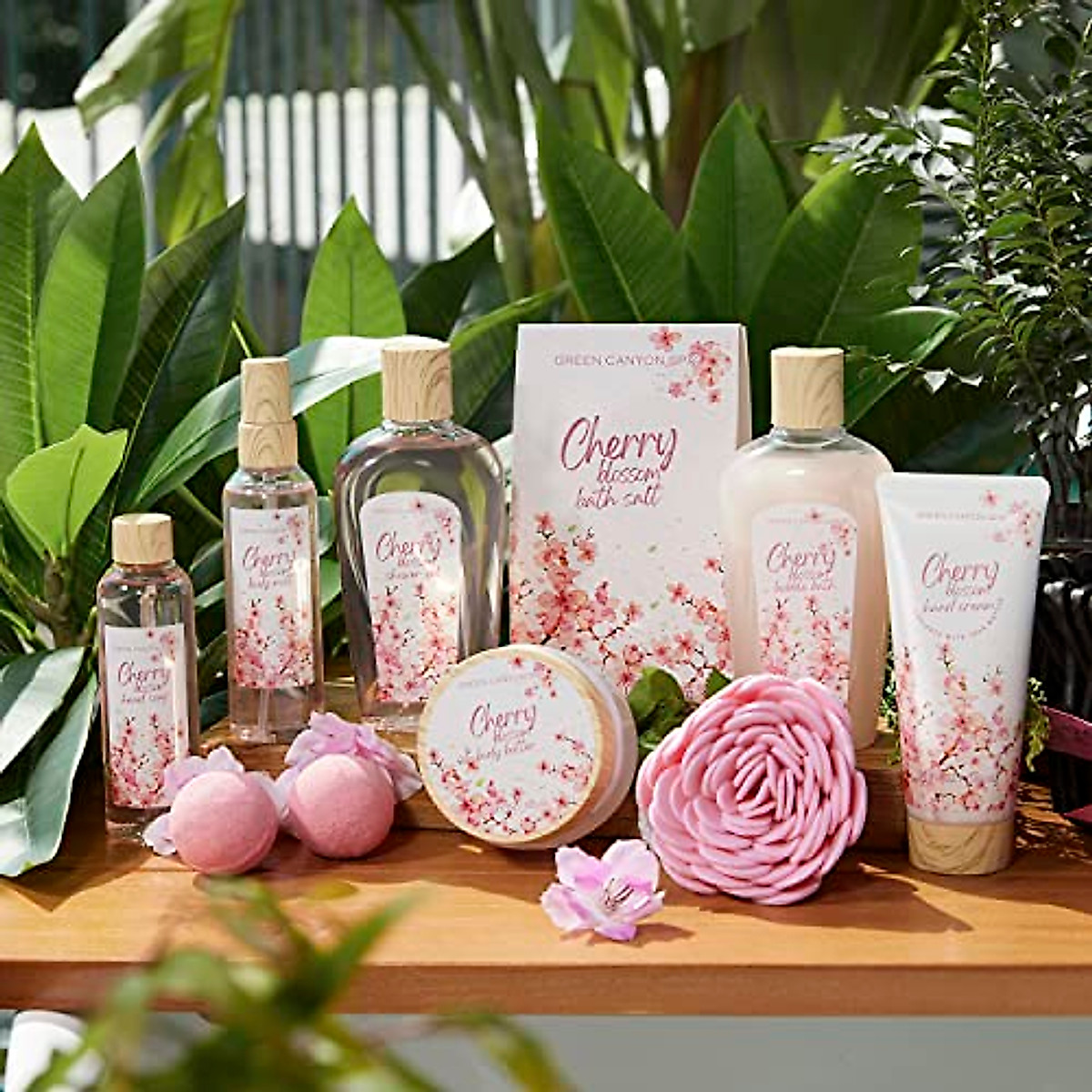 Spa Gift Baskets for Women Birthday Gift Sets 10 Pcs Cherry Blossom Essential Oil Spa Gift Sets with Handmade Weaved Basket Holiday Gifts for Christmas Thanksgiving Valentine's Day Gift Set for Women