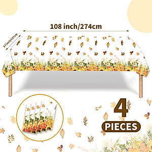 PARSUP 4PCS Thanksgiving Disposable Tablecloth Party Supplies, 108 × 54 inch, Autumn Theme Pumpkin Maple Leaves Fall Tablecloth Plastic Waterproof Tablecover Decorations