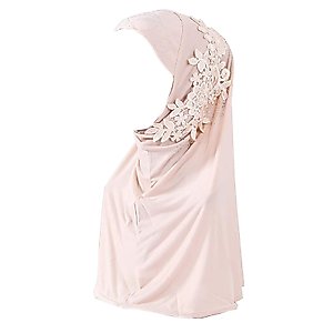 Women One Piece Muslim Hijab Lace Applique Head Wrap Scarf Shawl with Rhinestones (Beige)