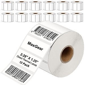 MaxGear 2.25" X 1.25" Direct Thermal Labels, Perforated UPC Barcode & FBA Address Stickers, Premium Permanent Adhesive Shipping Labels, Compatible with Rollo & Zebra (12 Rolls, 1000 Labels/Roll)