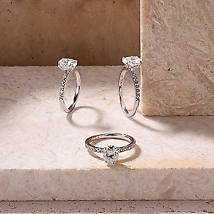 SMILEST 1.5CT Moissanite Side Stone Engagement Rings, D Color VVS1 Clarity Oval Moissanite Ring 18K White Gold Plated 925 Sterling Silver Moissanite Engagement Rings for Women Valentine's Day Gifts