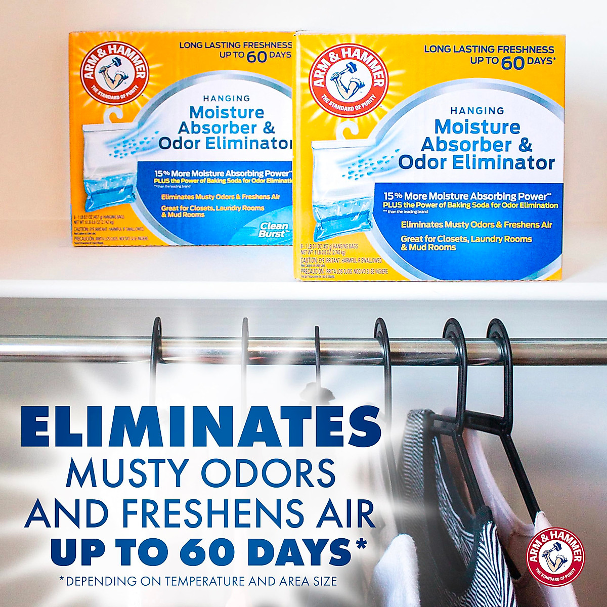 Arm & Hammer Hanging Moisture Absorber and Odor Eliminator, 16.1 oz., 6 Pack, Clean Burst, Moisture Absorbers for Closet and Small Rooms, Long-Lasting Freshness