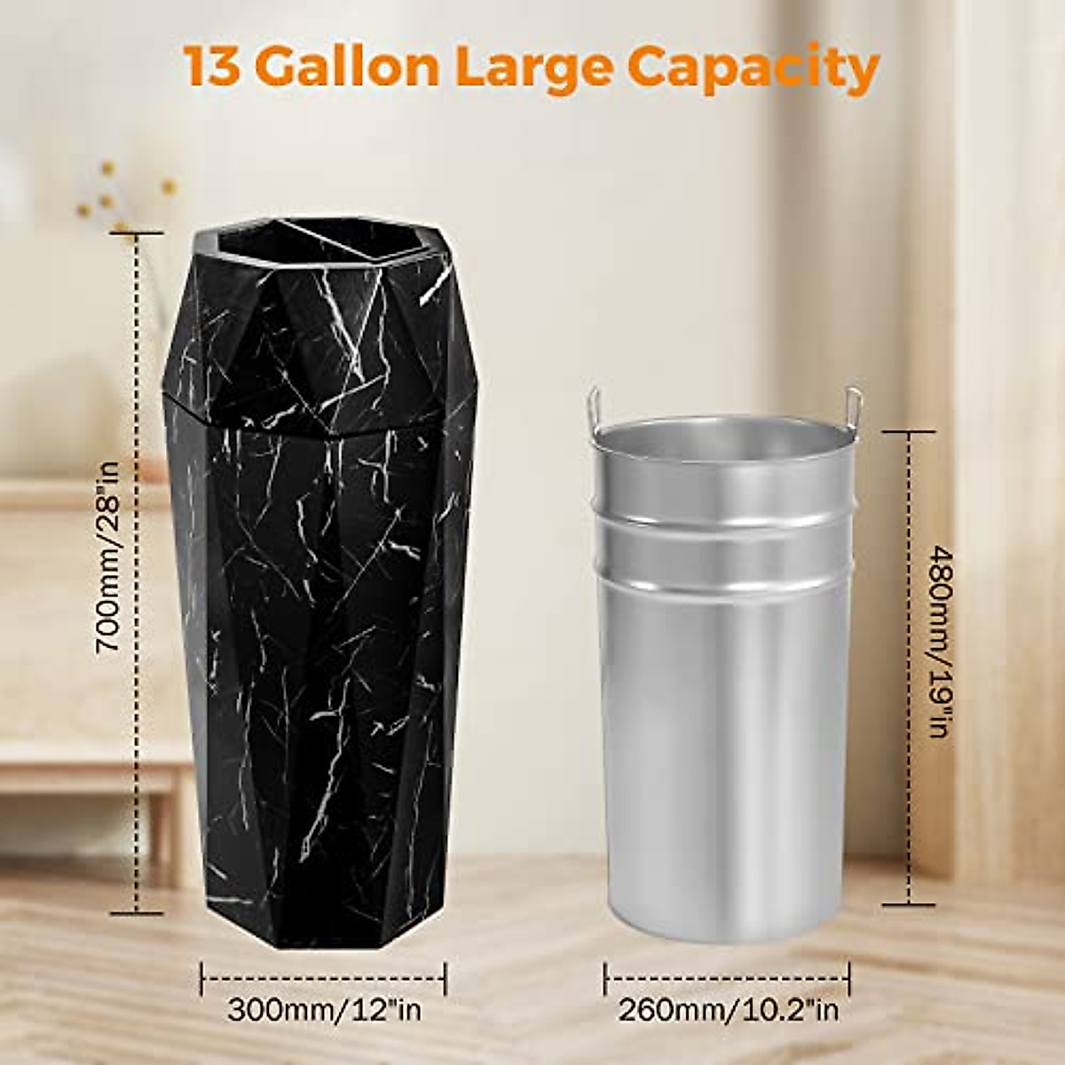 BEAMNOVA Bundle Metallic 15 x 31.5 in + Black Marbling 12 * 28 in Commercial Stainless Steel Trash Can Outdoor Indoor Garbage Enclosure with Lid Inside Barrel Heavy Duty Industrial Waste Container