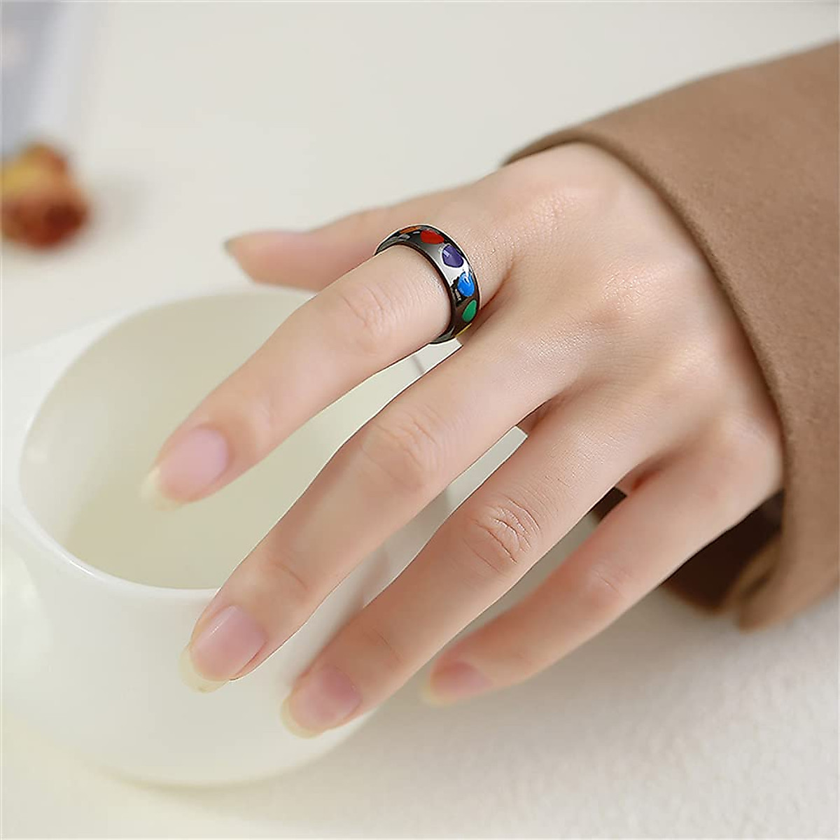 Dainty Love Heart Rainbow Enameled LGBT Pride Band Rings Chuky Thick Stainless Steel Statement Promise Engagement Eternity Couple Rings Love is Love Finger Knuckle Rings Boyfriend Girlfriend Wedding