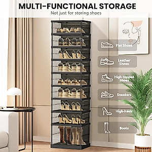 SYNCVIBE Foldable Shoe Organizer with doors 9 Tier 18 Pairs Folding Shoe Rack, Transparent Shoe Storage Shelf for Closet, Stackable Sneaker Shoes Storage Boxes, Large Shoe Storage Cabinet