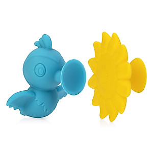 Nuby Silly Hummingbird & Flower Interactive Suction Toys with Built-in Rattle, 2 Piece, Aqua / Yellow