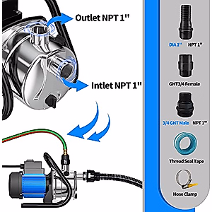 PANRANO 1.6HP Water Pump Electric Shallow Well Pump Portable Water Transfer Stainless Steel Pumps with 6 Accessories for Pool Draining Home Garden Lawn Irrigation Farm Water Removal Sprinkler System