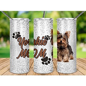 Yorkie Mom #1 20oz Stainless Steel Tumbler, Slide Door Lid & Straw Included, Glitter Print, Dog Mama, Gift, Great For Keeping Drink Cold or Hot