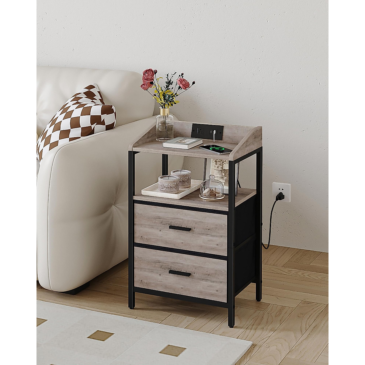 Hzuaneri Nightstands with Charging Station, End Table with 2 Fabric Storage Drawers and Shelves, Modern Side Table with USB Ports & Power Outlets, Greige NS30405B