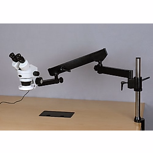 AmScope SM-8B-144S Professional Binocular Stereo Zoom Microscope, WH10x Eyepieces, 7X-45X Magnification, 0.7X-4.5X Zoom Objective, 144-Bulb LED Ring Light, Articulating-Arm Boom Stand, 110V-240V