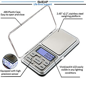 Precision Pocket Scale 200g x 0.01g, SKEAP Digital Gram Scale Small Herb Scale Mini Food Scale Jewelry Scale Ounces/ Grains Scale, Easy to Carry, Great for Travel ,Backlit LCD, Stainless Steel