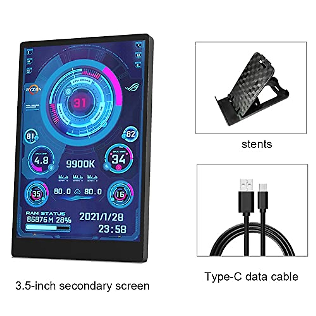 MAKIVI 1 Set 3.5 Inch Computer Small Secondary Screen IPS Full USB-C Chassis Secondary Screen Computer Temperature Monitoring Screen AIDA64