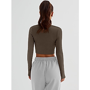 Trendy Queen Womens Long Sleeve Crop Tops Basic Ribbed Slim Fitted Shirts Casual Fall Fashion Y2k Teen Girl Clothes Coffee XL