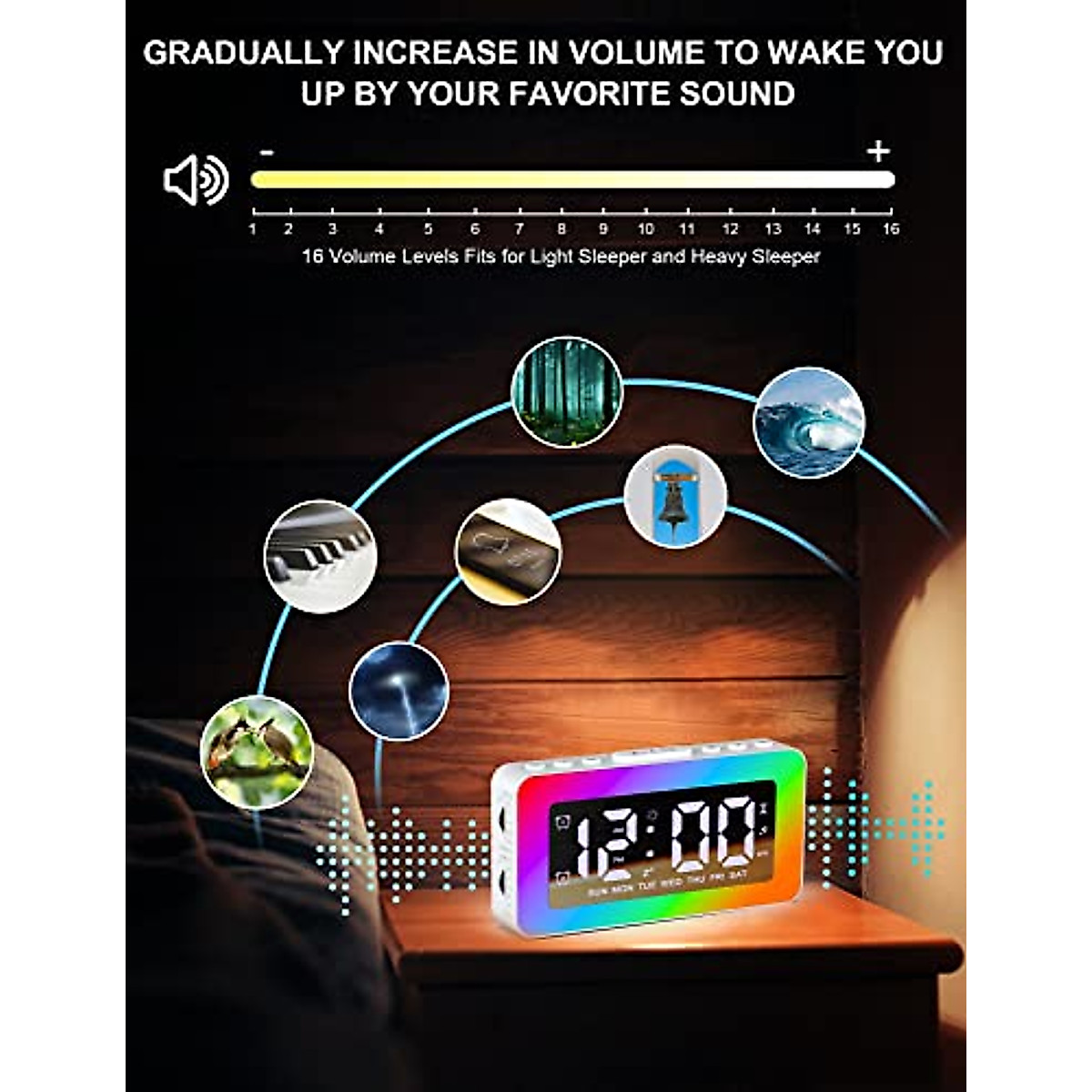 Umedo Alarm Clock for Bedrooms Dual Alarm Clocks 8 RGB Night Lights, 3 Mode Mirror Clock, USB Port, 8 White Noise, 7 Wake-Up Sounds, 16 Level Volume, 0%-100% Dimmable, Bedside Clock for Kids & Adult