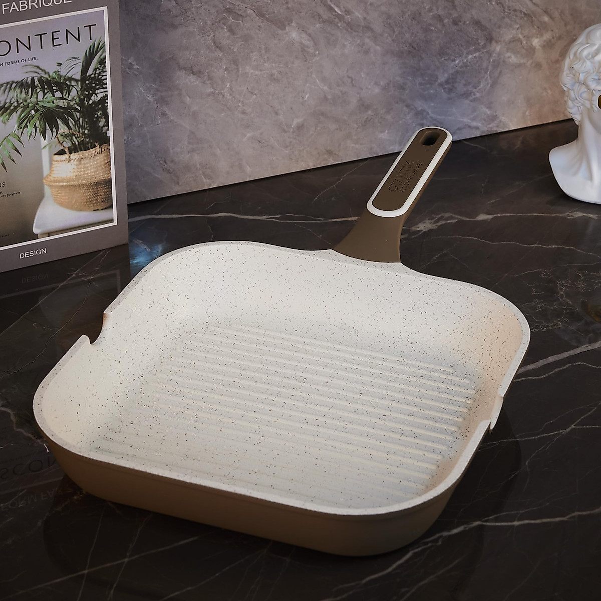 Otantik Non-Stick 11” Square Grill Pan Cast Aluminum - Griddle Pan with Pour Spouts - Ceramic Marble coating - Cool Handle - PTFE & PFOA Free - Compatible with All Stovetops (Brown)