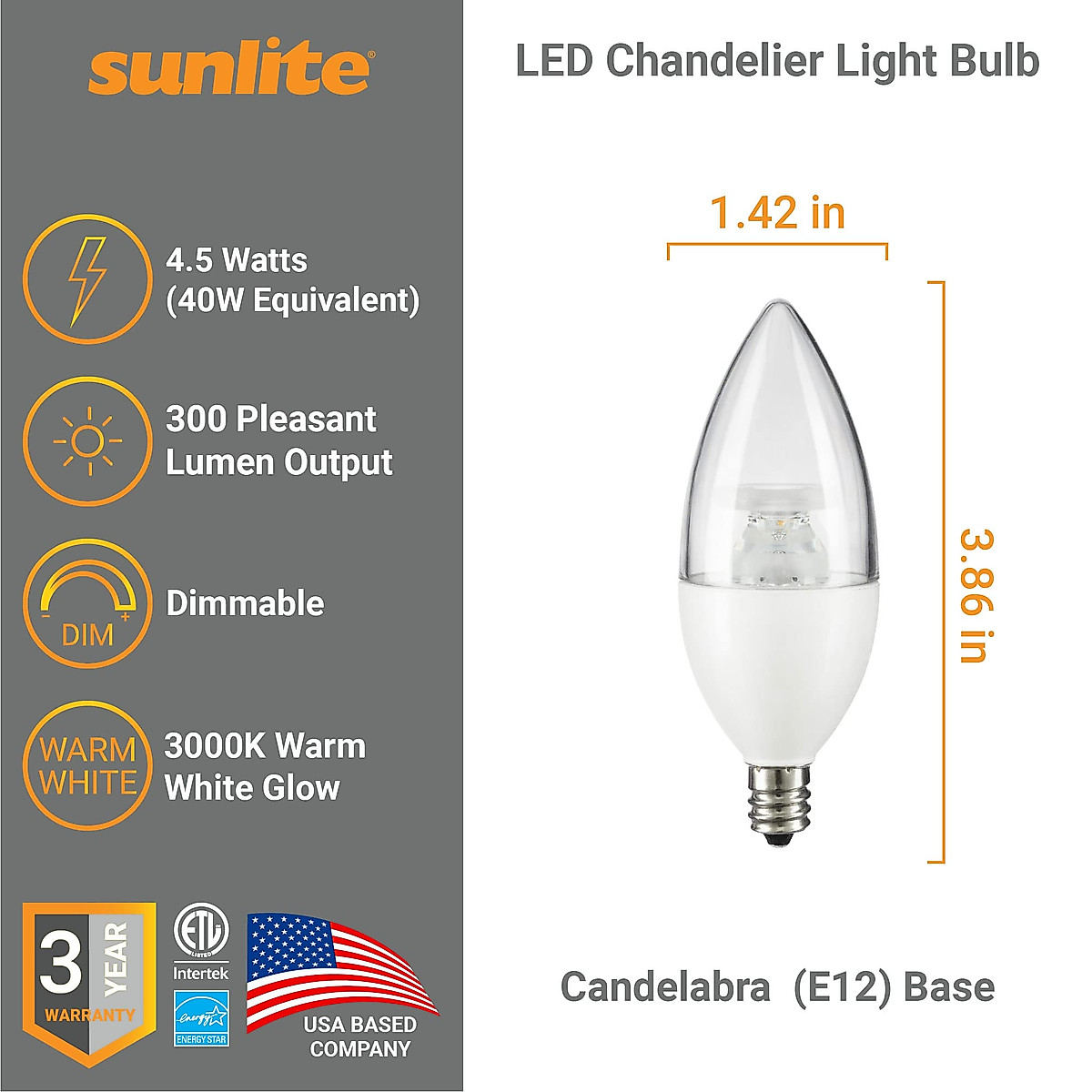 Sunlite 41637 LED B11 Clear Torpedo Tip Chandelier Light Bulb, 4.5 Watts (40W Equivalent) 300 Lumens, Candelabra E12 Base, Dimmable Energy Star and ETL Certified, 3000K Warm White, 6 Count