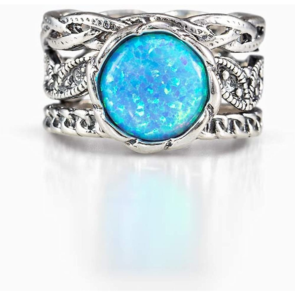 Joolala 1.60 Carat Created Round Blue Opal Cabuchon Cut 925 Sterling Silver Ring - Valentine Band for Her, Size - 8