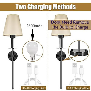 LAMPYLIFE Battery Operated Wall Sconce Set of 2 Two, Wireless Wall Sconces with Remote and Dimmable Detachable Bulbs, Rechargeable Battery Sconces Wall Decor for Bedroom Living Room Hallway (Black)