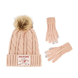 True Religion Beanie Hat and Touchscreen Glove Set, Winter Knit Cap with Cable Faux Fur Pom and Touch Screen Mittens, Coral, One Size