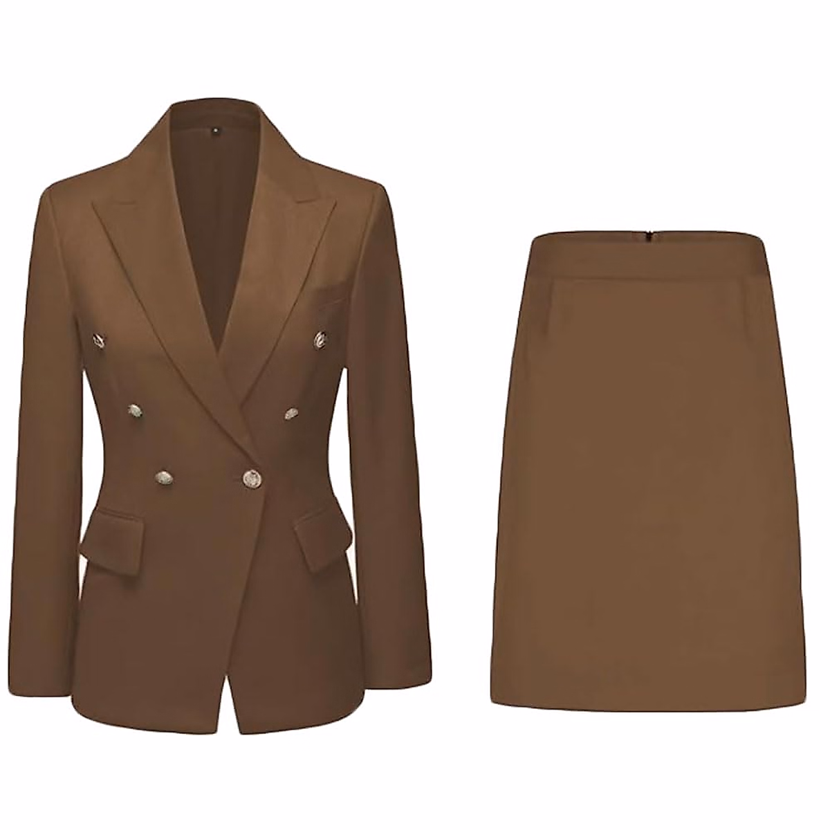 2 PC Womens Skirt Suit for Work Double Breasted Office Business Suit Notch Lapel Blazer Skirt Prom Suit Brown S