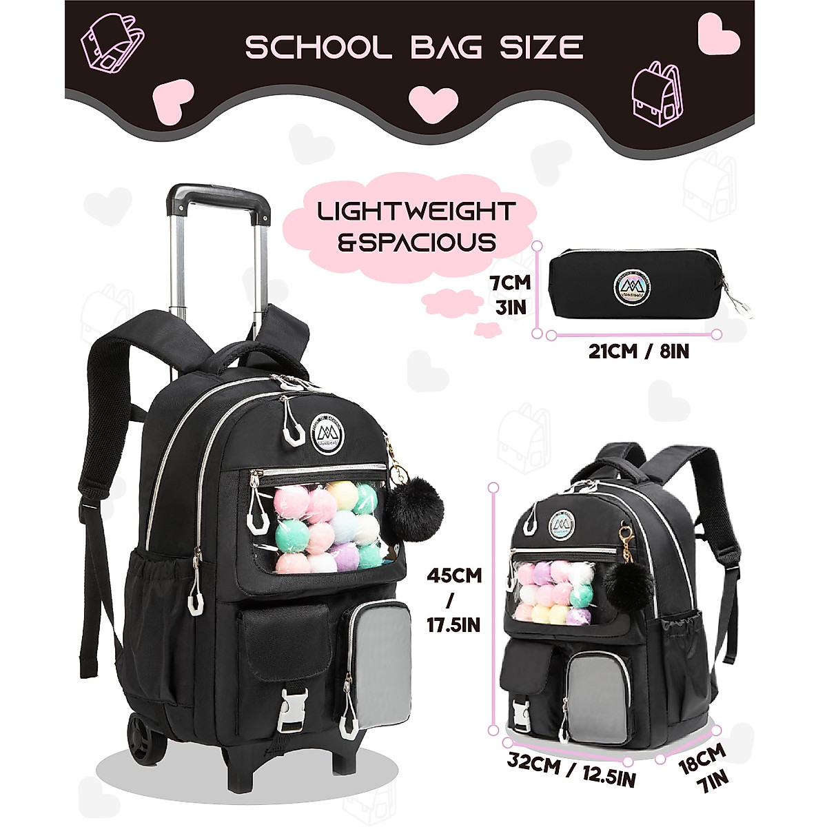ZBAOGTW Rolling Backpack for Girls Kids Backpack with Wheels Backpacks for Elementary with Lunch Box Pencil Case Trolley (Black1)