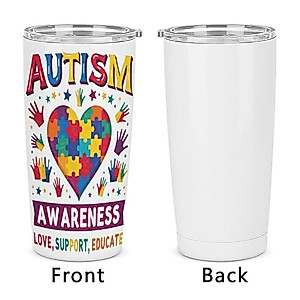 Autism Awareness Heart 20 OZ Stainless Steel Tumbler Travel Car Coffee Mug with Straw Lid Cleaning Brush Coffee Tumbler Mug for Women Men