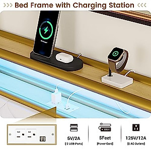 ADORNEVE LED Bed Frame Full with Storage Headboard,Full Size Platform Bed Frame with Charging Station,Bed Frame with Drawers,Velvet Tufted Headboard,Noise-Free,Creamy White & Gold