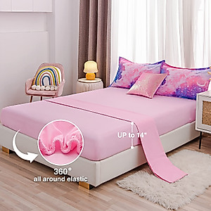 A Nice Night Galaxy Bedding Sets Outer Space Comforter 3D Printed Space Quilt Set Full 6Pcs Glitter Pink,for Children Boy Girl Teen Kids