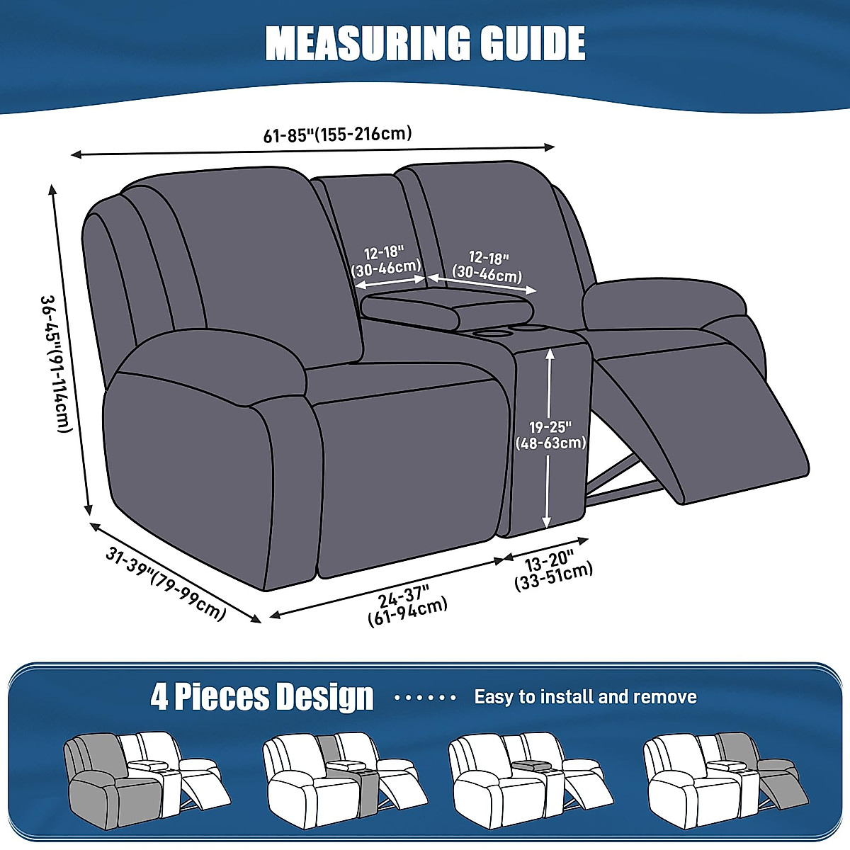 TAOCOCO Reclining Loveseat with Middle Console Slipcover, 4 Piece Polyester Fabric Stretch Loveseat Reclining Sofa Covers (Light Gray, 2 Seat Recliner Cover with Console)