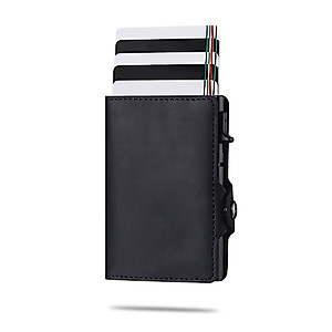 TNE Airtag Wallet (Airtag not Included) Genuine Leather Credit Card Money Holder Automatic Pop Up Mini Aluminum Wallet with Zipper Coin Pocket | Airtag Case Men or Women Air Tag Cover (Black)