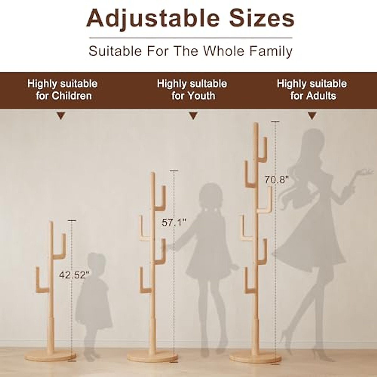 KungFuWood Coat Rack, Solid Wood Cactus Coat Rack Stand, Freestanding Coat Rack with 6 L-shaped Hooks and 3 Adjustable Sizes, Sturdy and Easy to Assemble Coat Tree for Entryway, Bedroom (Natural)
