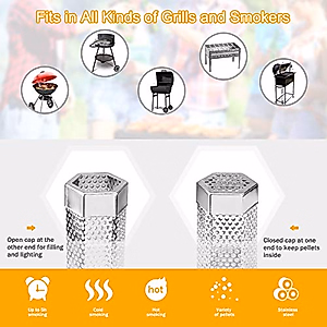 Pellet Smoker Tube, 2 Pack 12'' Stainless Steel BBQ Wood Pellet Tube Smoker with 2 Hooks and 2 Brushes for Cold/Hot Smoking