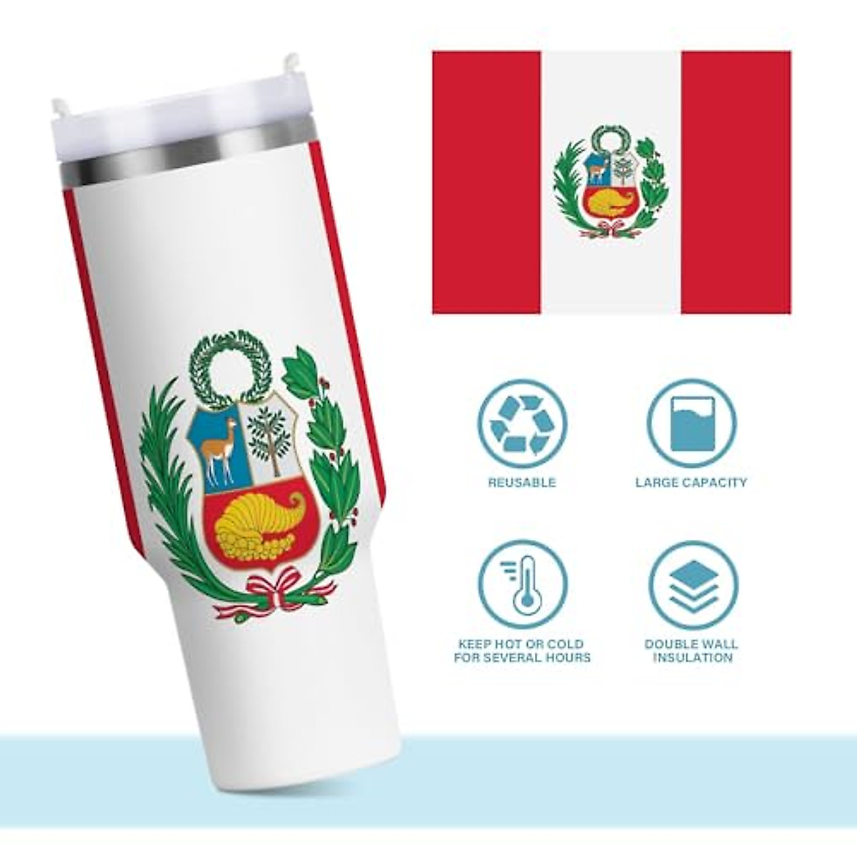 40 Oz Peru State Flag Stainless Steel Tumbler with Straw and Handle Fall Insulated Tumbler