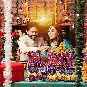 100 Pieces Happy Diwali Party Favor Bags, Festival of Lights Gift Candy Bags with Twist Ties Cellophane Plastic Treat Goodie Bags for Diwali Party, Indian Lights celebration Party Supplies Decoration