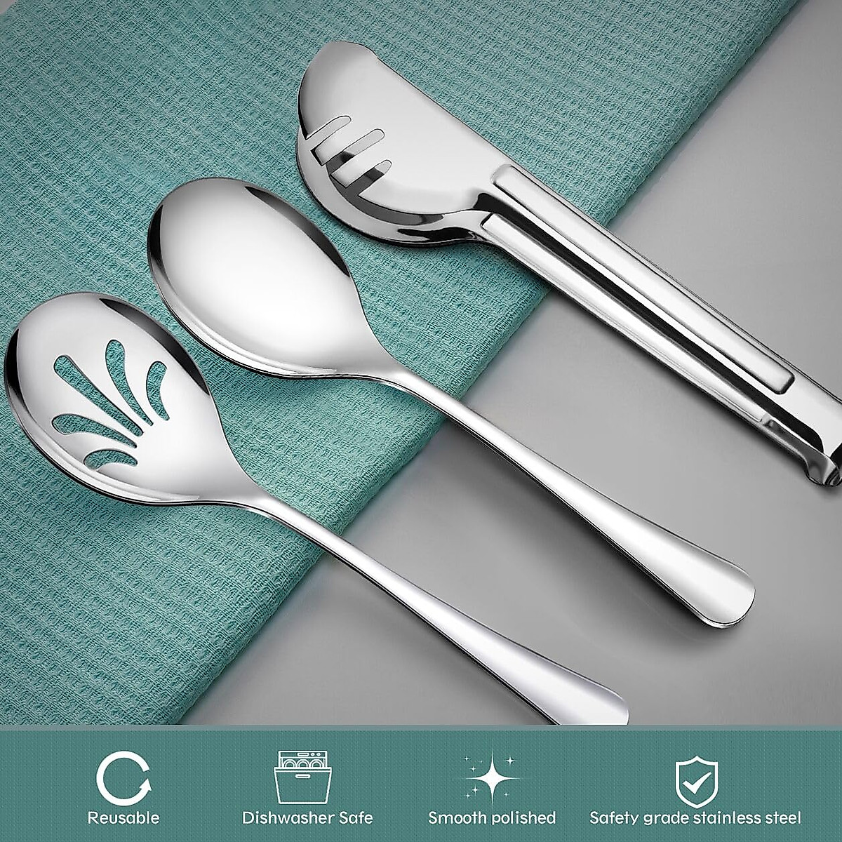 Teivio Stainless Steel Serving Utensils Set, Include Large Set of 18 Pieces - Serving Spoons, Slotted Spoons and Serving Tongs, for Catering/Buffet/Chafing Dish (Silver)