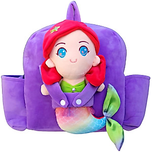 Q&M Novelties Mermaid Backpack, Soft Plush Kids Toddler Backpack w/Plush Mermaid Doll for Girls Baby Soft Play Set (Mermaid Plush - Purple)